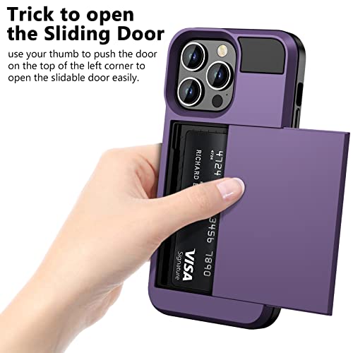 Vofolen for iPhone 13 Pro Max Case Wallet Credit Card Holder ID Slot Sliding Door Hidden Pocket Men Women Anti-Scratch Dual Layer Hybrid Bumper Armor Protective Shell Back Cover 6.7 inch GreyPurple
