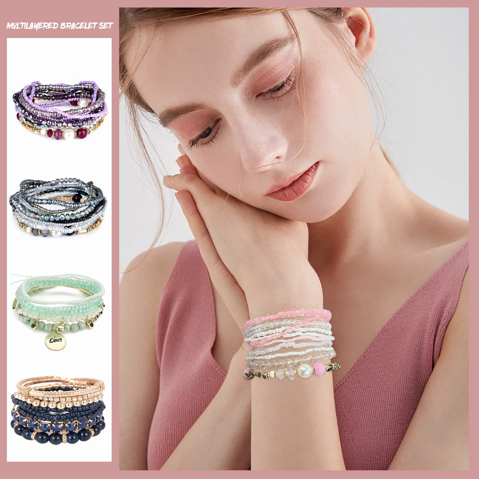 JEWPARK 6-9 Set Bohemian Stackable Bead Bracelets for Women Multilayered Stretch Bracelet Boho Acrylic Beaded Bracelet Statement Seed Beaded Bracelet 9S