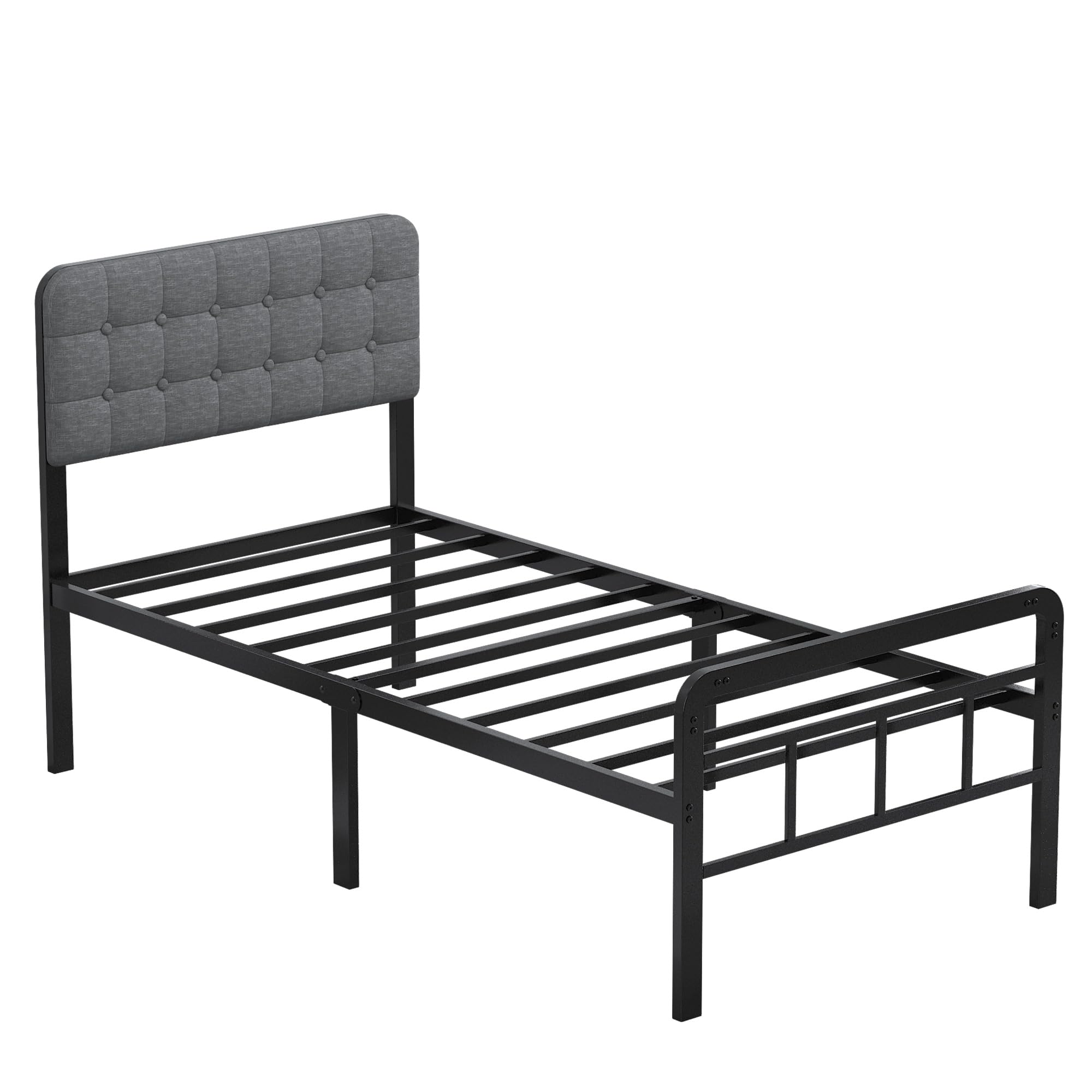 EMODA 16 Inch Twin Size Bed Frames with Upholstered Headboard and Metal Footboard, Heavy Duty Metal Slats Support Mattress Foundation, No Box Spring Needed, Easy Assembly