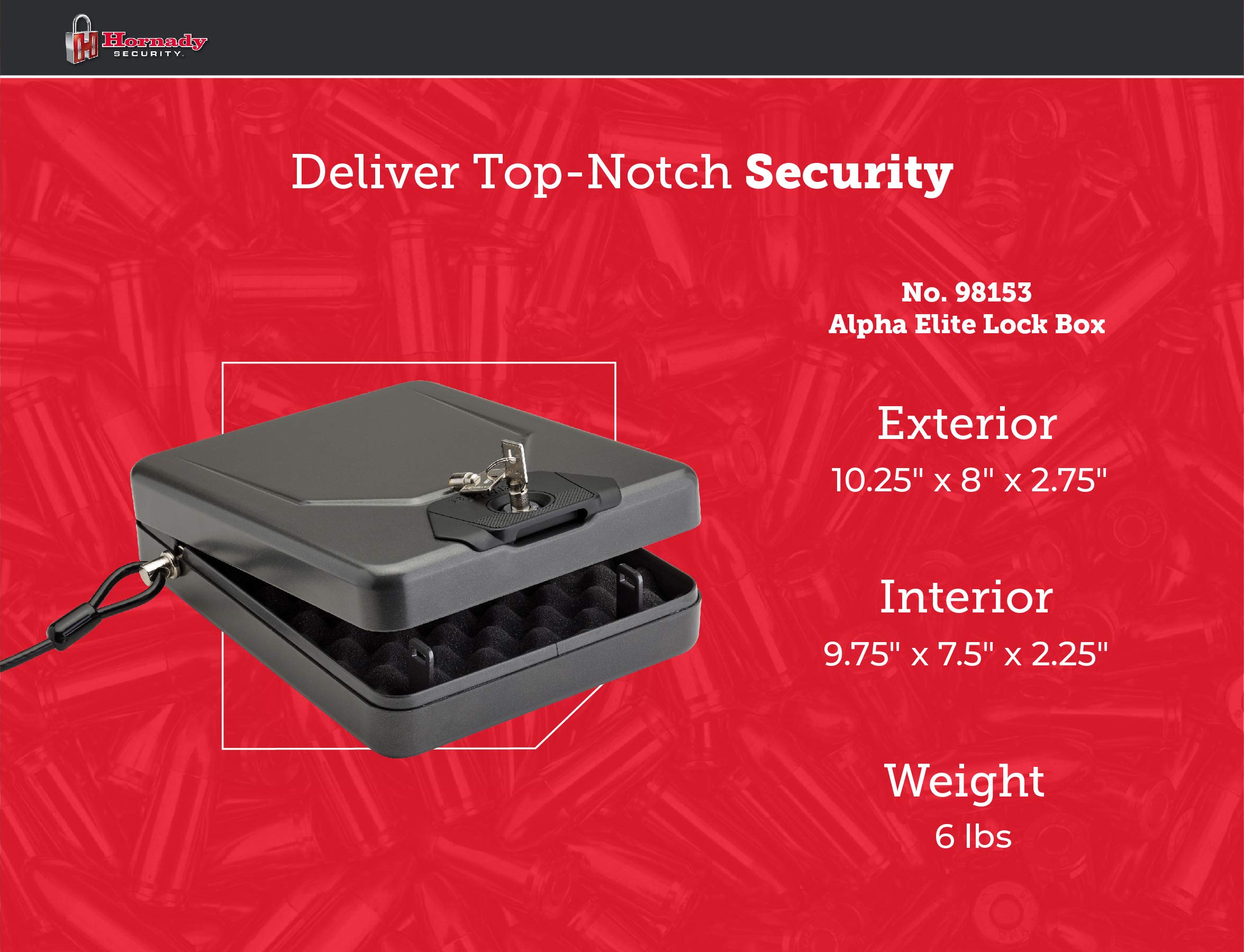 Hornady Alpha Elite Portable Lock Box for Guns and Valuables β Includes 2 Keys and 4 Foot Steel Cable β Thick 16-Gauge Steel, An Ideal Car Lock Box or Truck Safe β Black, 10.25 x 8 x 2.75 Inches