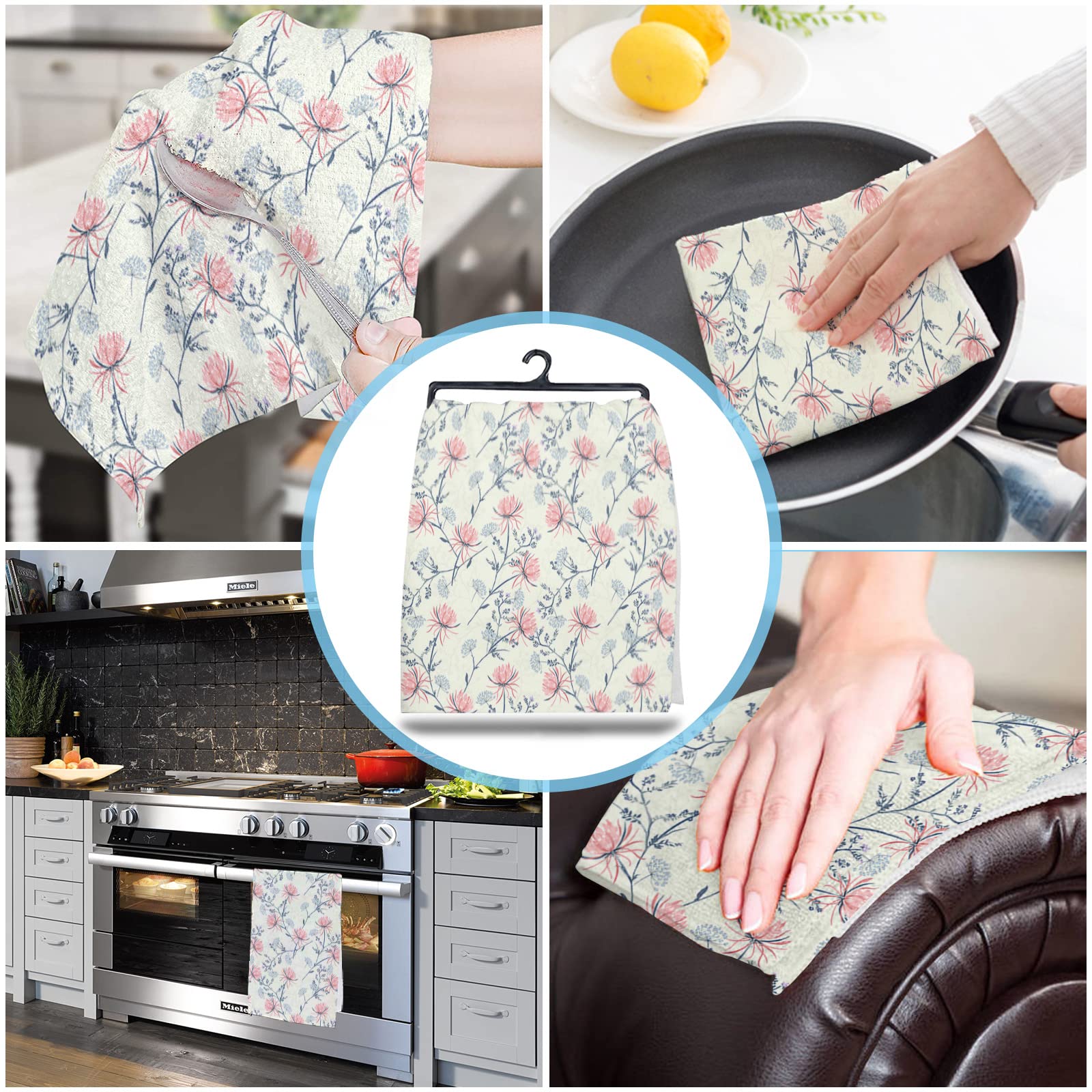 Kewadony Pink Daisy Kitchen Towels 2 Pack Dish Towels for Kitchen, Spring Blue Flowers Beige Retro Absorbent Microfiber Hand Towels for Bathroom, Soft Tea Towels Bar Towels, 18 x 28 Inch