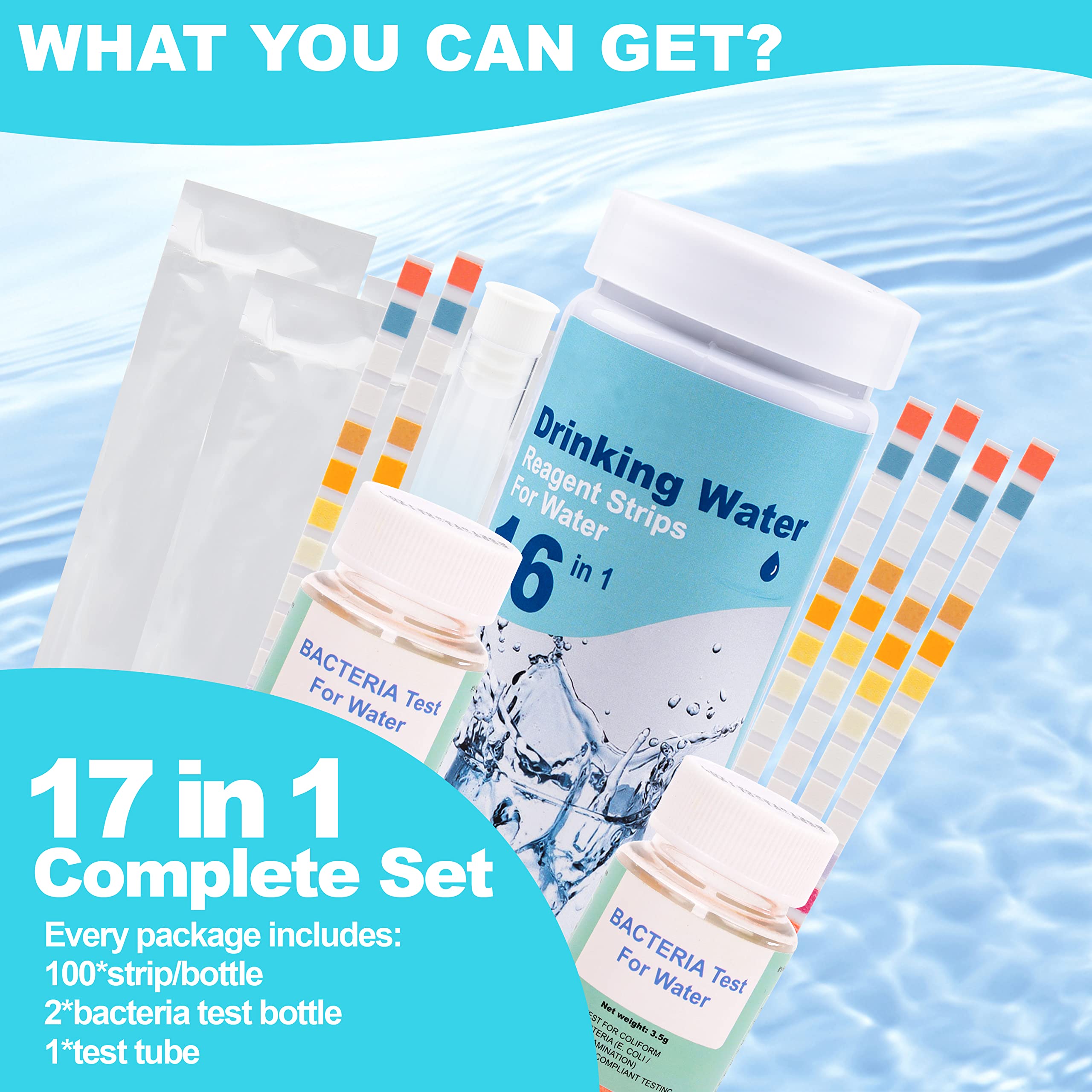 LUVCOSY 17 in 1 High Precision Water Testing Kits for Drinking Water and Swimming Pool Water Test, 100 Strips + 2 Bacteria Tests detect pH, Copper, Lead, Iron, Bacteria, Hardness and More
