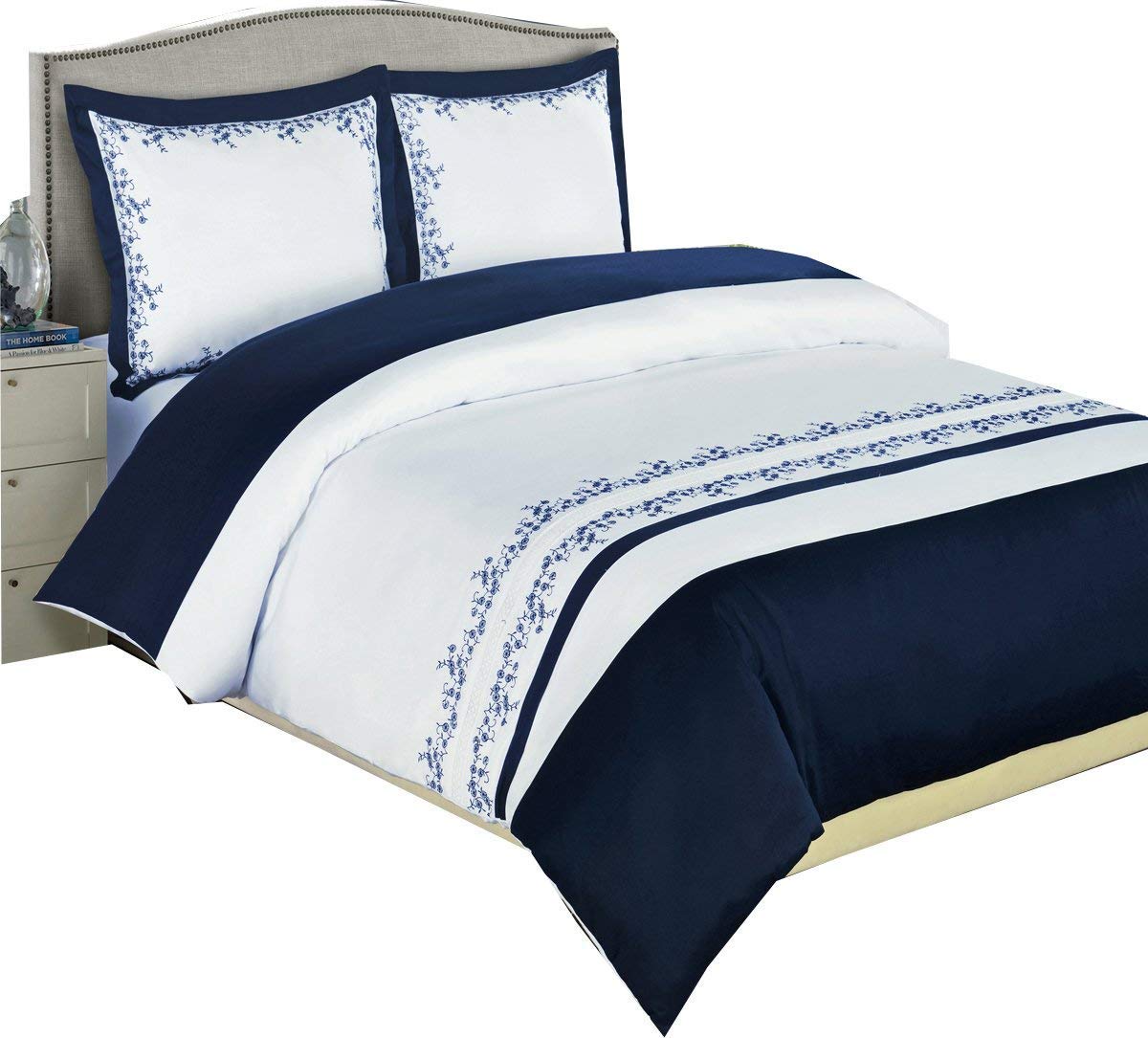 Royal Bedding Navy and White Amalia 3-Piece King/Cal-King Embriodered Comforter Cover (Duvet-Cover-Set) 100% Cotton 300 TC