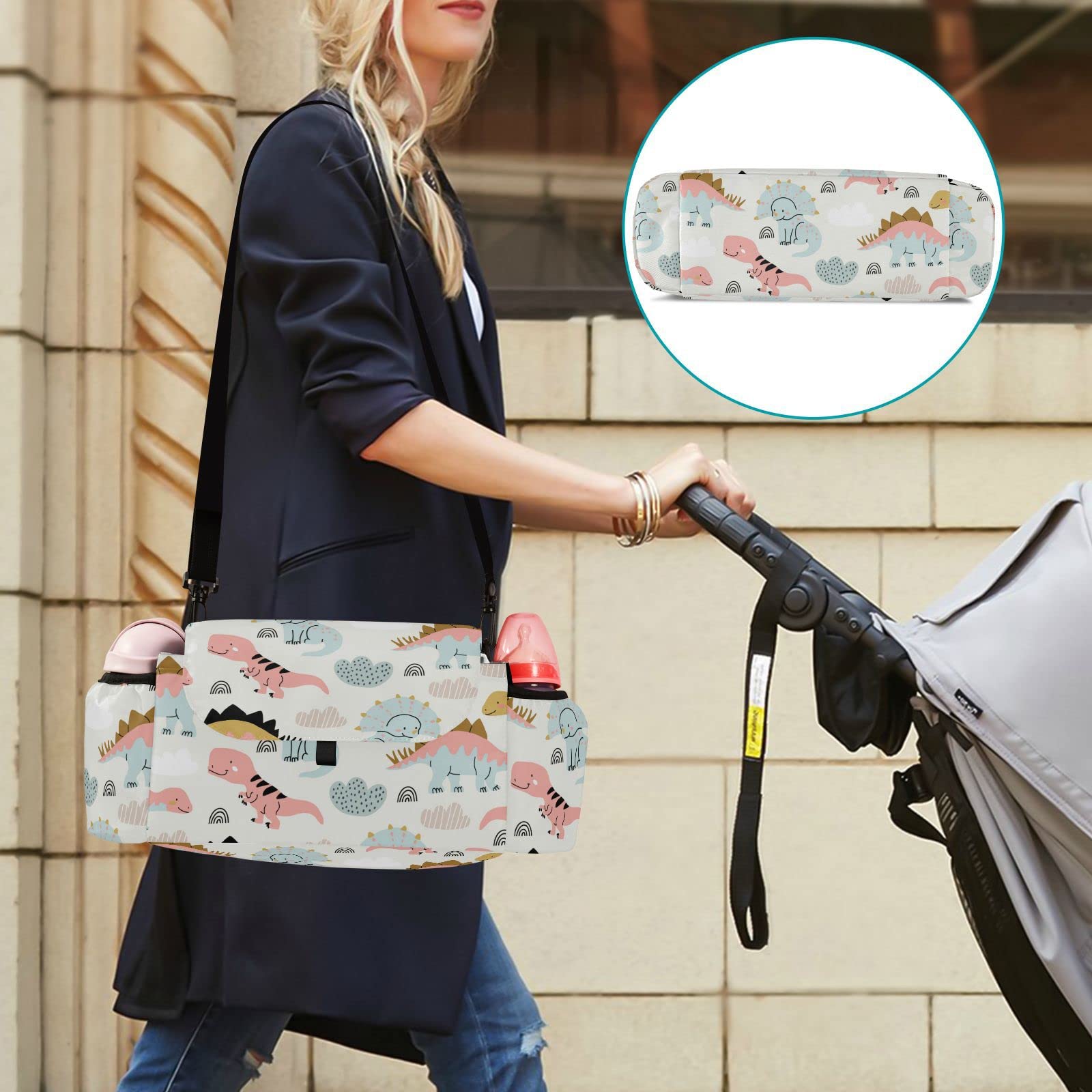 Kigai Cute Pink Dinosaurs Baby Stroller Organizer with Cup Holders, Secure Hooks Accessories Adjustable Strap Stroller Bag for Bottle, Diaper, Phone, Toys, Baby Items