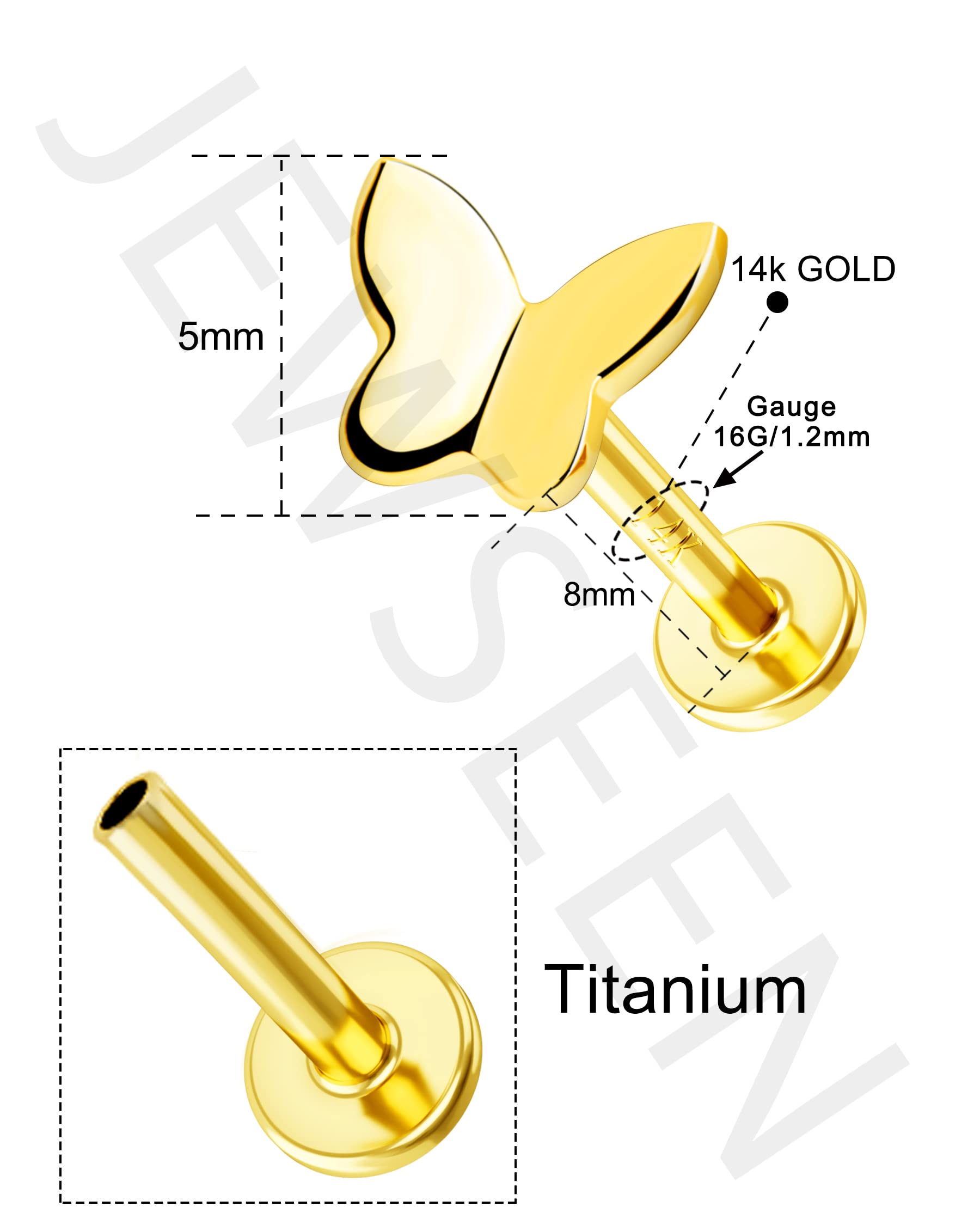 Jewseen 14K Solid Gold 16G Butterfly Top in Threadless Flat Back Studs Cartilage Earring Lip Labret Stud Helix Piercing Jewelry Nose Stud Tragus Earring Stud Earring for Women Men JTH010-T