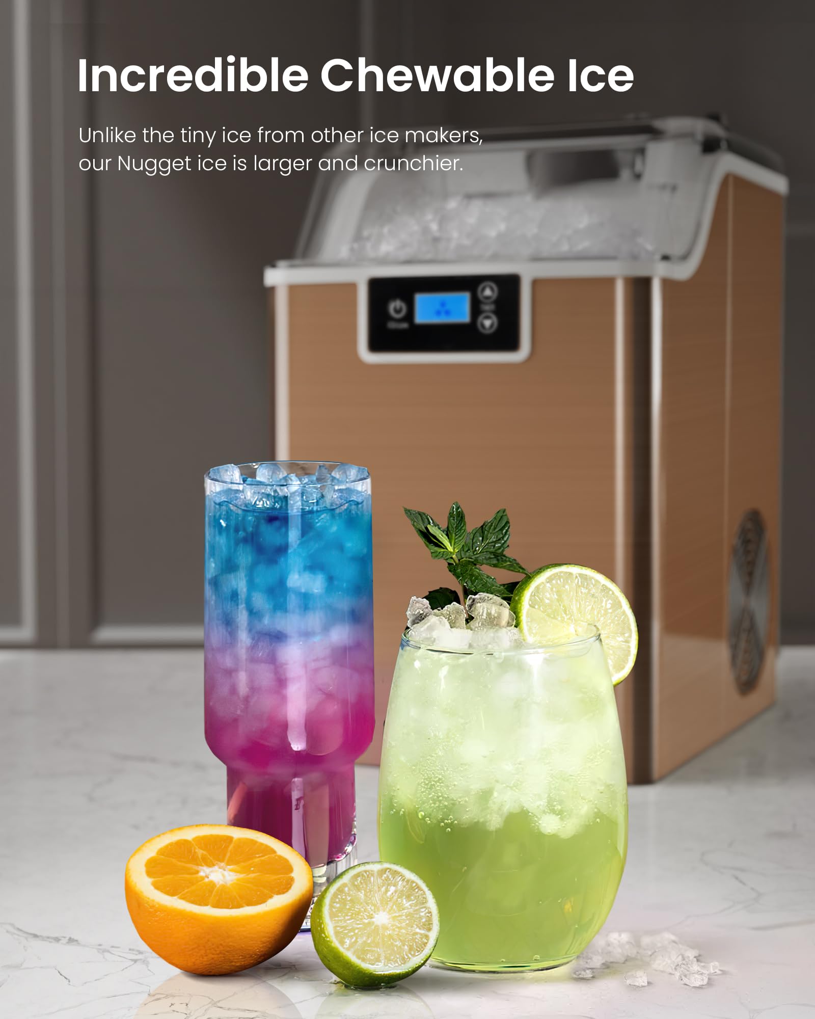Nugget Ice Maker Countertop, 45lbs/Day Pellet Ice Maker Machine with 24H Timer, Self-Cleaning Pebble Countertop Ice Maker with Crushed Ice for Home Black(Champagne Gold)