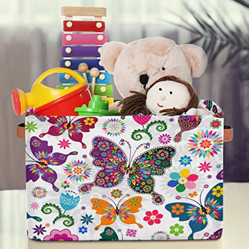 Pardick Floral Butterfly Large Collapsible Storage Bins ,Flying Butterfly Decorative Canvas Fabric Storage Boxes Organizer with Handles,Rectangular Baskets Bin for Home Shelves Closet Nursery Gifts
