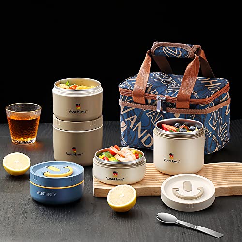 TiLeMiun Microwave Safe Thermal Lunch Box For Food, Portable Insulated Lunch Containers For Aldults To Work, 18/8 Stainless Steel Leakproof Stackable Food Container With Bag (Blue 4Pcs 68oz)