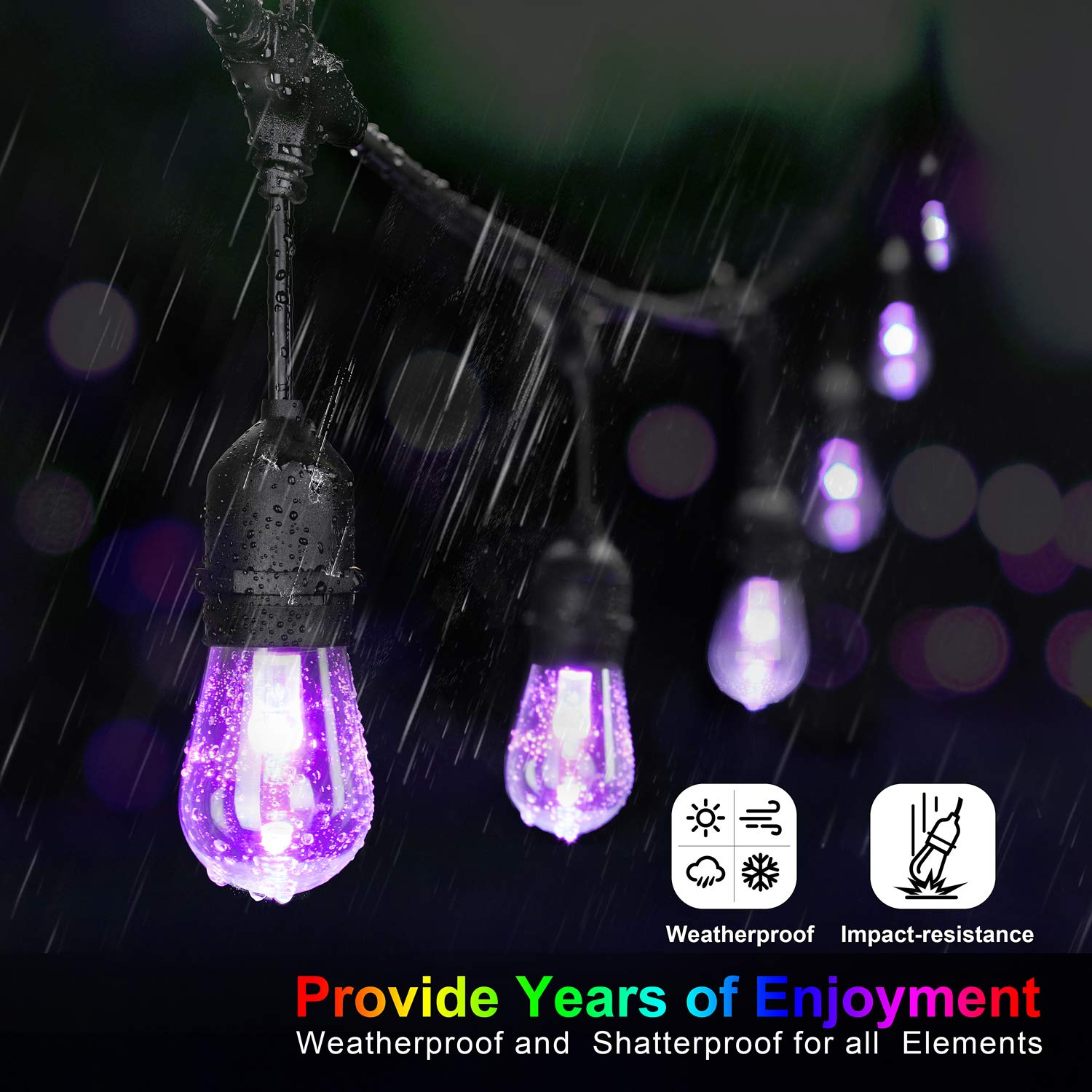 Mlambert 48FT Outdoor Patio Lights, RGB Cafe String Lights with 15 E26 S14 Shatterproof Edison Bulbs, Commercial Grade Dimmable String Lights for Bistro Backyard Garden, 2 Remote Controllers
