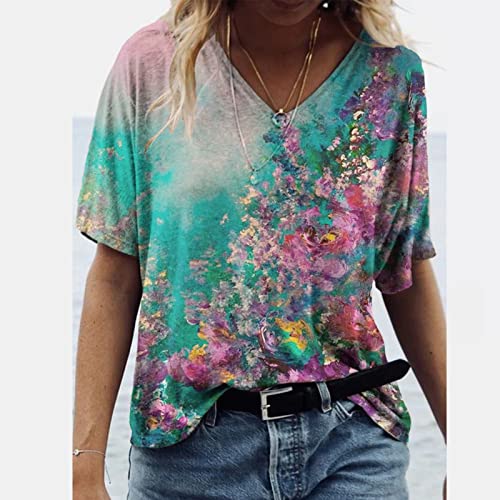 Pvkarhg π―ππππΎ π£πΊπ Deals Today 2023 3/4 Sleeve Tops for Women Spring Tops for Women Gradient Floral Print Graphic Tees V Neck Short Sleeve T Shirts Dressy Casual Tunic Blouses