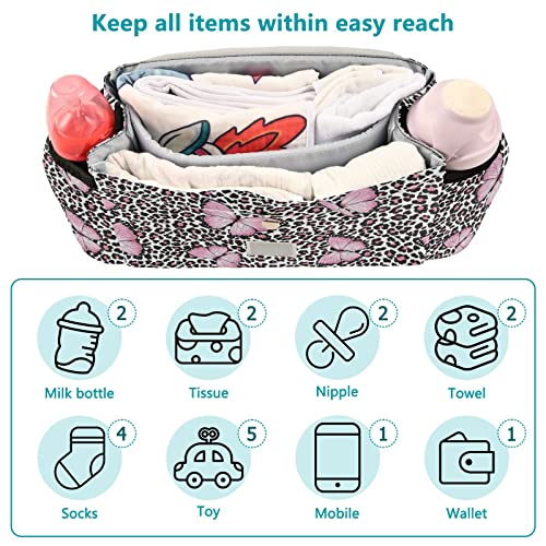 Kigai Pink Butterfly and Leopard Baby Stroller Organizer with Cup Holders, Secure Hooks Accessories Adjustable Strap Stroller Bag for Bottle, Diaper, Phone, Toys, Baby Items