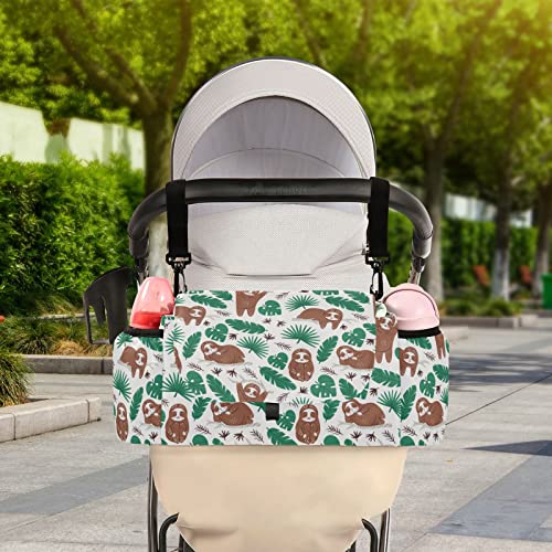 Kigai Sloth Palm Leaves Baby Stroller Organizer with Cup Holders, Secure Hooks Accessories Adjustable Strap Stroller Bag for Bottle, Diaper, Phone, Toys, Baby Items