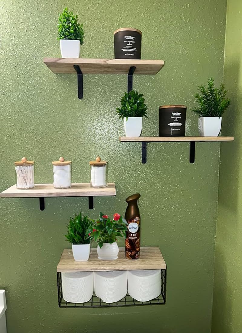 RUIJUXIN 4+1 Tier Floating Shelves, Floating Bathroom Shelf Wall Mounted with Wire Basket, Bathroom Shelfves Over Toilet, Farmhouse Wall Decor Plants