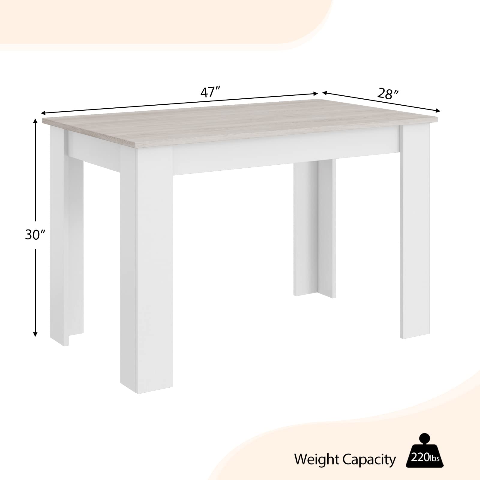 Giantex Wooden Dining Table, Modern Kitchen Table for 4, Rectangular Dinner Table for Kitchen, Dining Room, Living Room, Home Dinette Furniture, 47" L x 28" W x 30" H, (White & Light Gray)