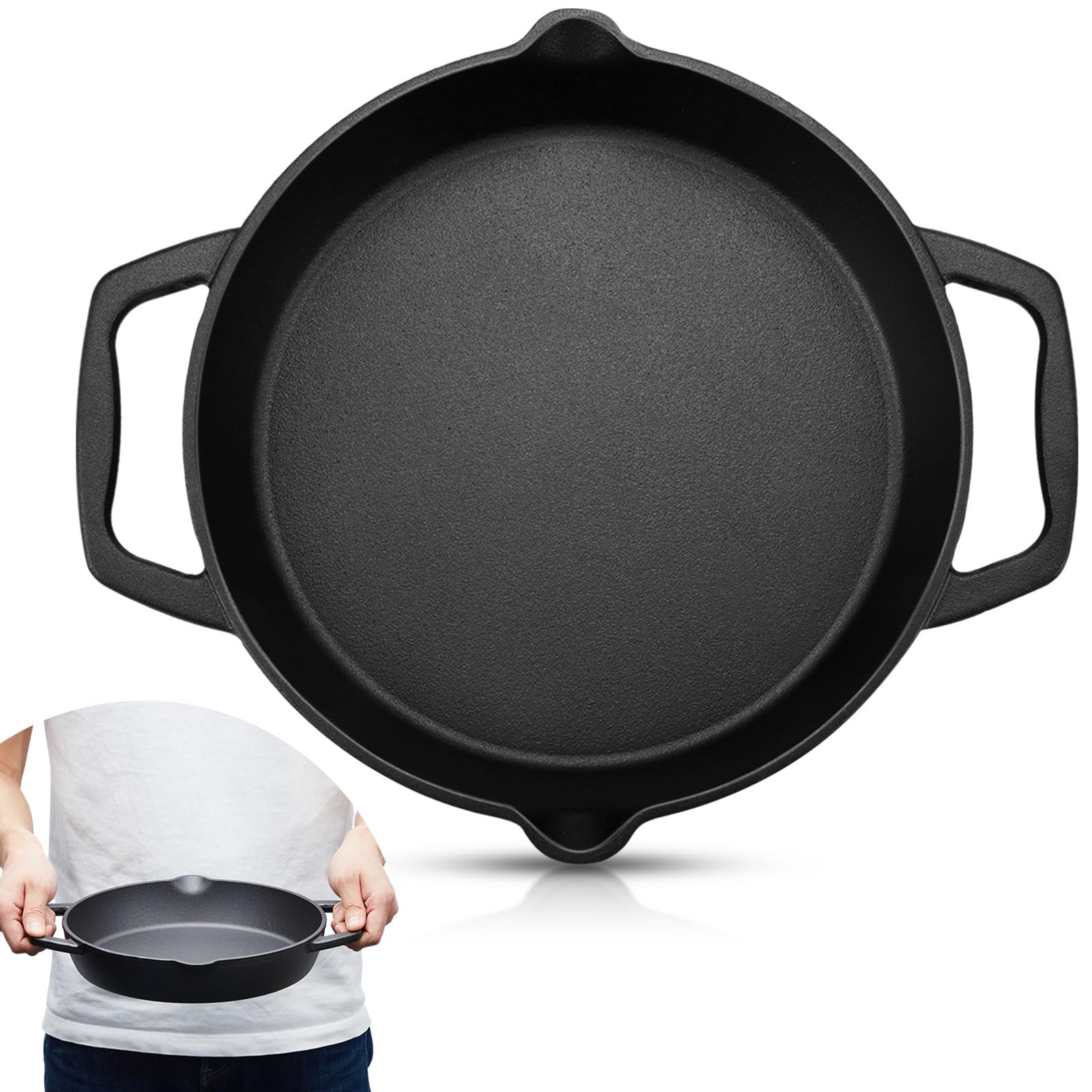 Sunnychicc 12 Inch Cast Iron Pan Dual Handle Cast Iron Skillet Black Casserole Dish Cast Iron Cookware Oven Safe Cast Iron Ramekin for Kitchen Indoor Outdoor Camping Picnic(1 Pcs)