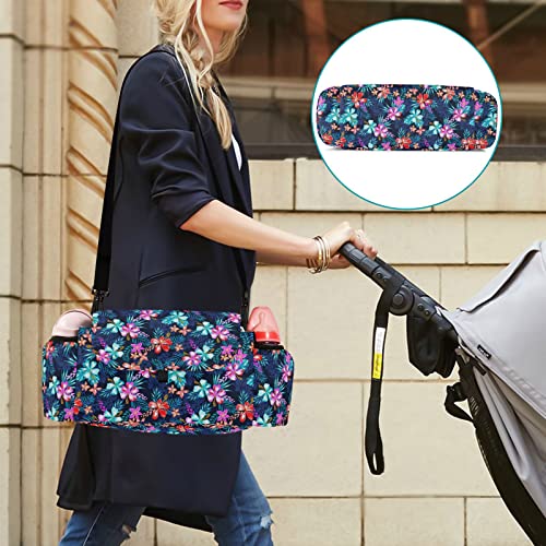 Kigai Tropical Palm Flower Baby Stroller Organizer with Cup Holders, Secure Hooks Accessories Adjustable Strap Stroller Bag for Bottle, Diaper, Phone, Toys, Baby Items