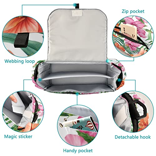 Kigai Tropical Palm Flower Baby Stroller Organizer with Cup Holders, Secure Hooks Accessories Adjustable Strap Stroller Bag for Bottle, Diaper, Phone, Toys, Baby Items