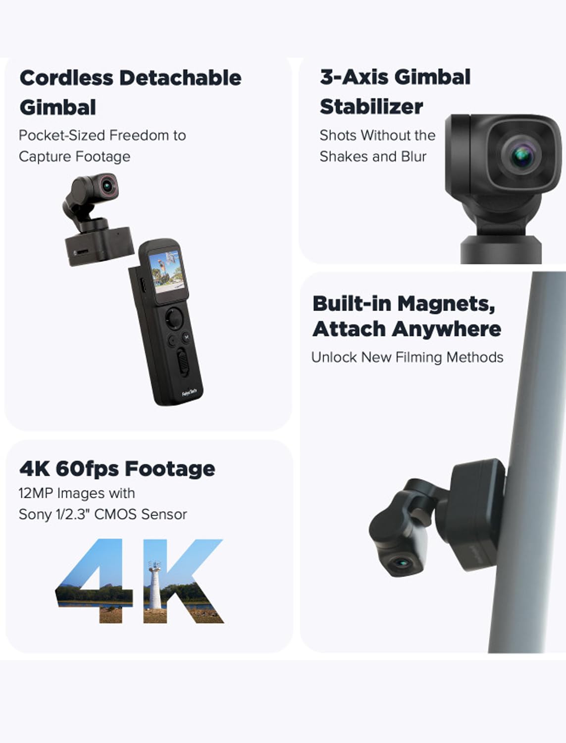 FeiyuTech Pocket 3 kit -Remote Handle&Camera 4K 60FPS Camera with Handheld 3-Axis Stabilizer, Pocket Action Camera, AI Tracking, Detachable Handle, Magnets for YouTube TikTok Video Vlog