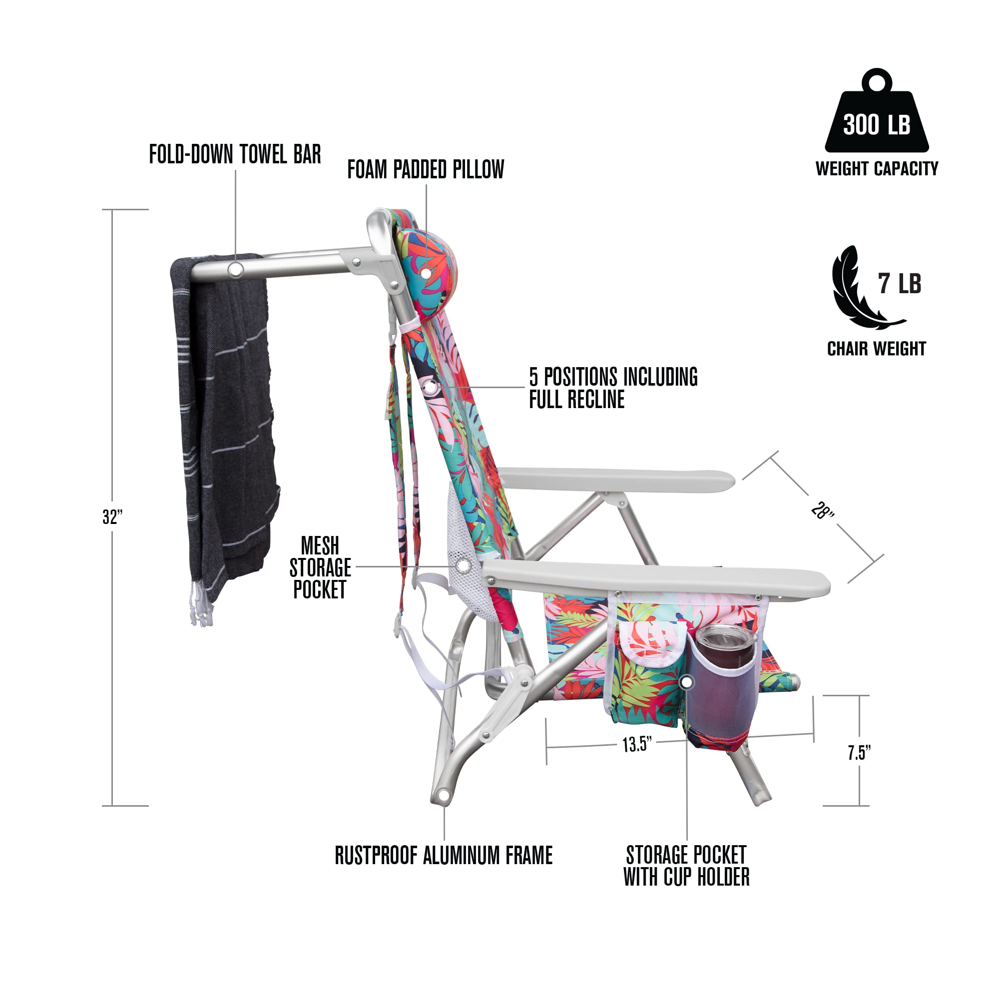 Hurley Backpack Beach Outdoor Chair, One Size,Lightweight,Alloy Steel, Coral Passion Fruit