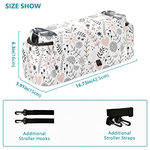 Kigai Twigs Wildflowers Baby Stroller Organizer with Cup Holders, Secure Hooks Accessories Adjustable Strap Stroller Bag for Bottle, Diaper, Phone, Toys, Baby Items