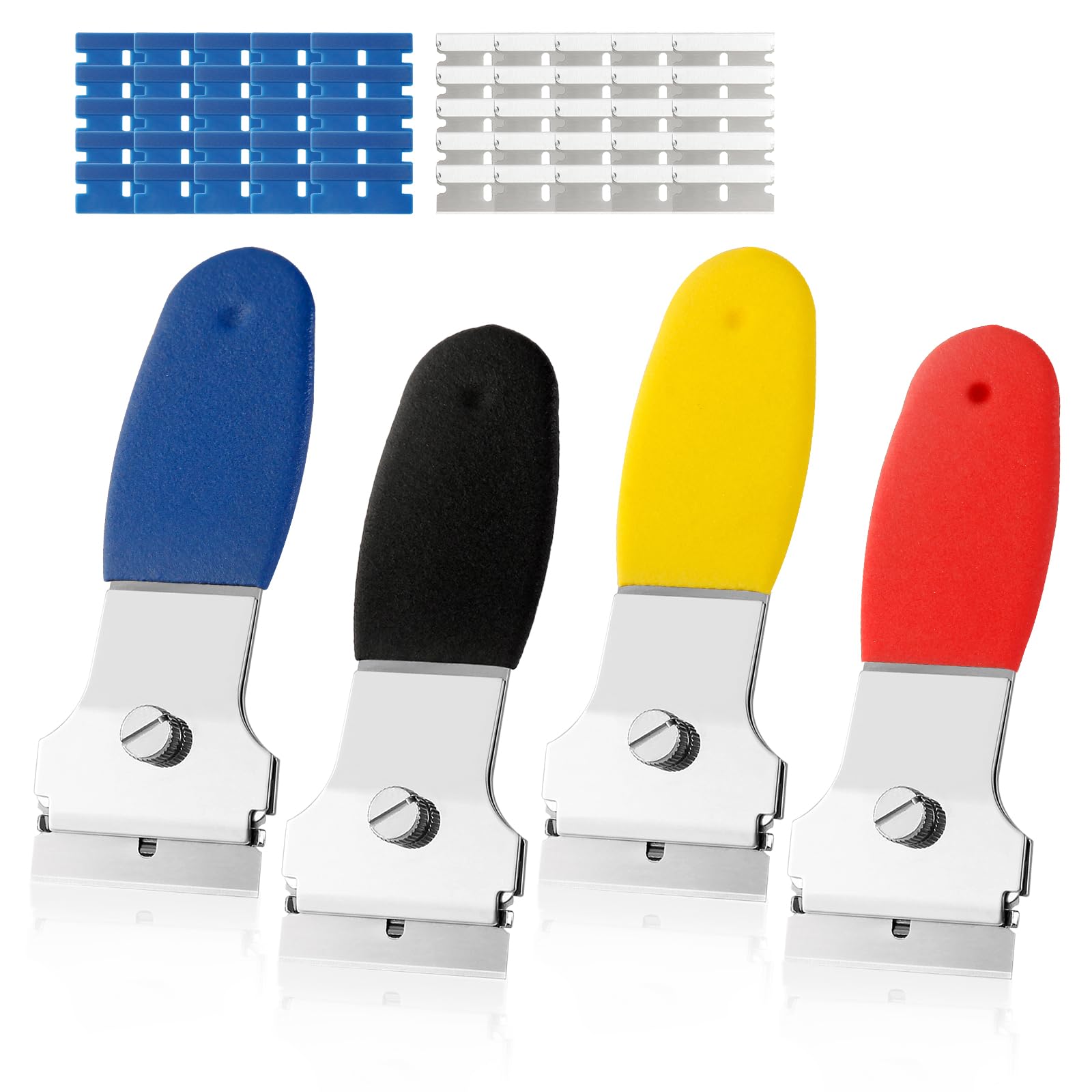 Rechabite 4 Pack Razor Blade Scraper, with 20 Metal & 20 Plastic Blades, Multi-Purpose Cleaning Remover Tool for Glass Caulk, Adhesive, Wall, Stovetop, Paint, Window, Sticker, Tile, Label Decals