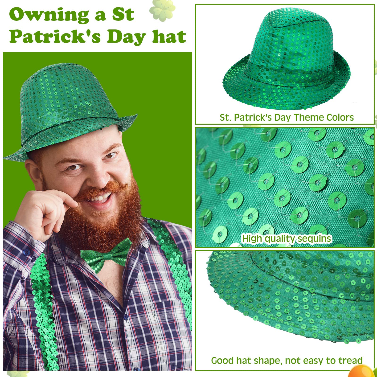 Jeyiour 3 Pcs St Patrick's Day Sequin Hat, Suspender and Bow Tie St Patrick's Day Costume Set Irish Party Fancy Cap Y Shape Adjustable Green Suspenders Bow Tie for Men Women