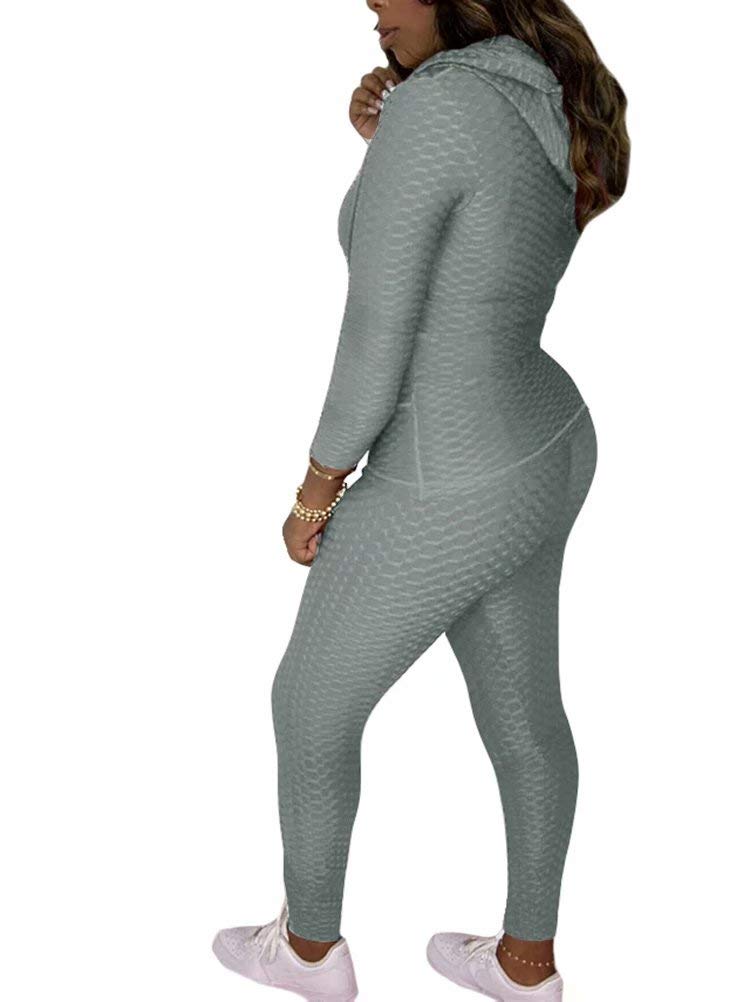 Fitness Exercise Workout Legging Clothes - Long Sleeve Zip Up Fitted Hoodies Top Long Skinny Pants Tracksuit Jogging Suits Grey S