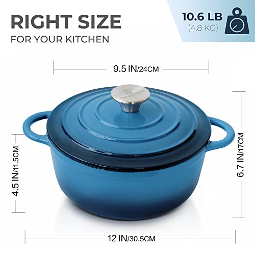 Trustmade 4.5 QT Cast Iron Dutch Oven, Enamel Coated Cookware Pot with Self Basting Lid for Home Baking, Braiser, Cooking, Blue