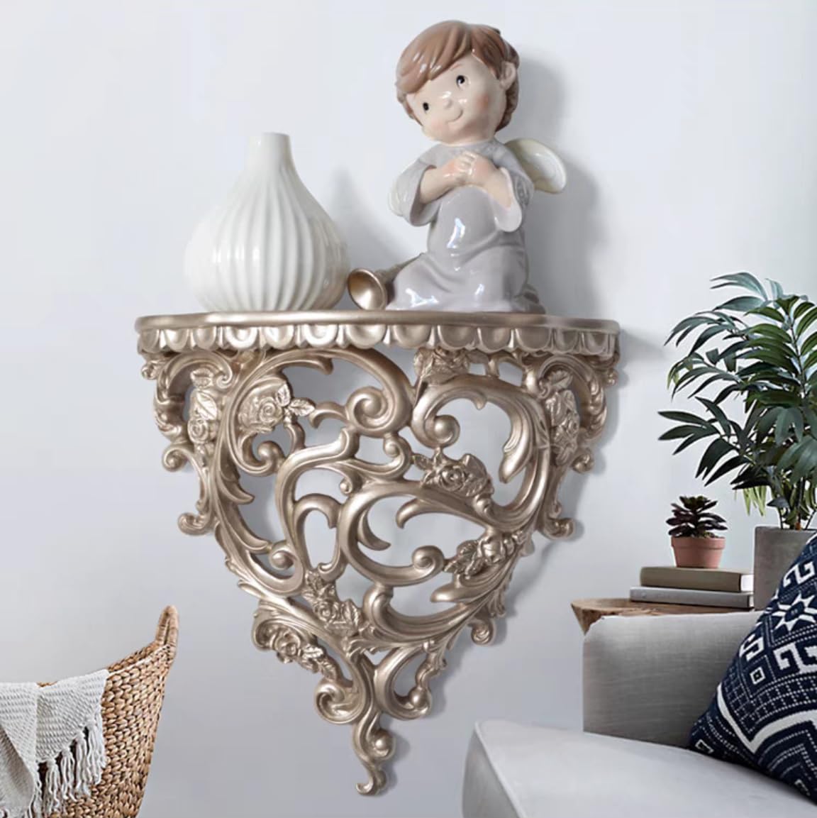 OKJHFD Floating Shelves Wall Hanging Shelves Storage Racks European Style Installation Baroque Style Hollow Decoration Shelves Unique Art Elements Home Living Room Decorations