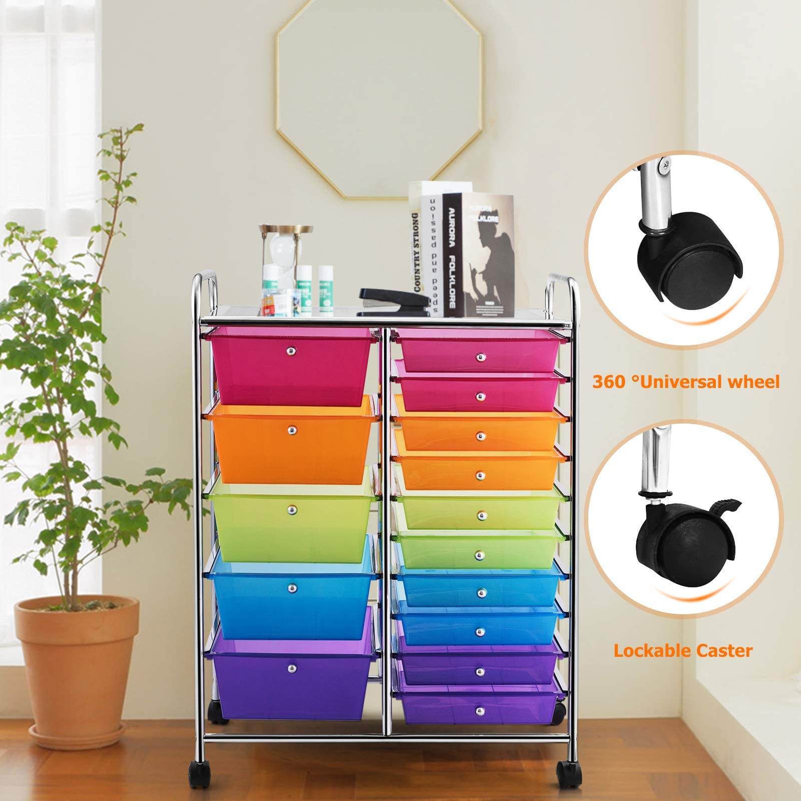 Giantex 15-Drawers Rolling Storage Cart, Mobile Book Paper Organizer Utility Trolley with Wheels, Ideal for School, Office, Home (Rainbow)