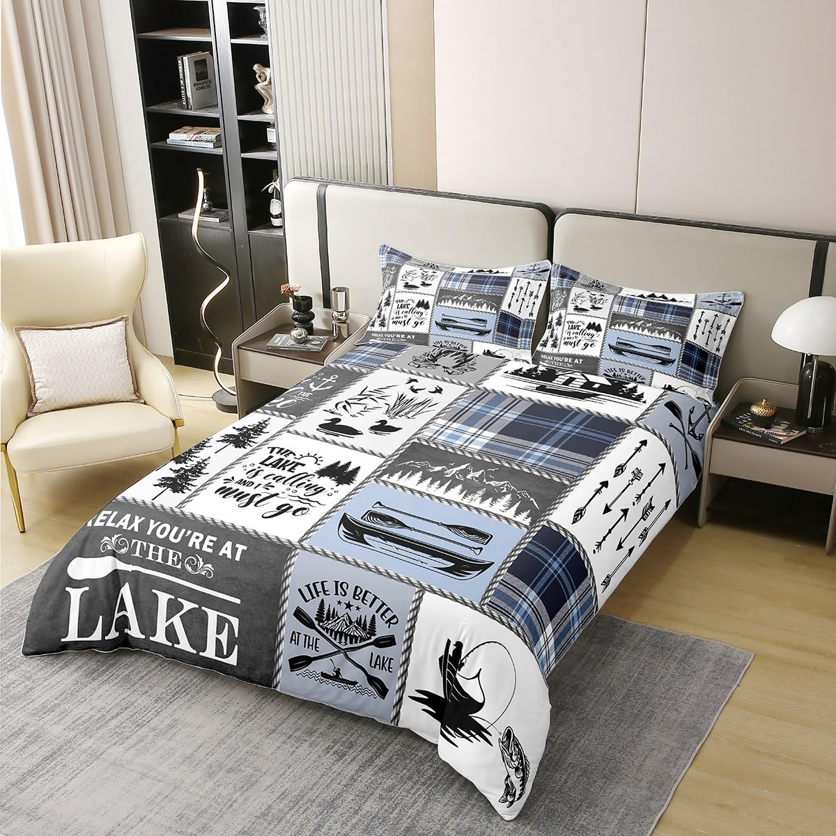 Rustic Farmhouse Style 100% Nature Cotton Duvet Cover King Size,Lake Theme Outdoor Camping Anchor Paddle Silhouette Super Soft Bedding Set,Seaside Cabin Wild Duck Comforter Cover Bedding 3 Piece