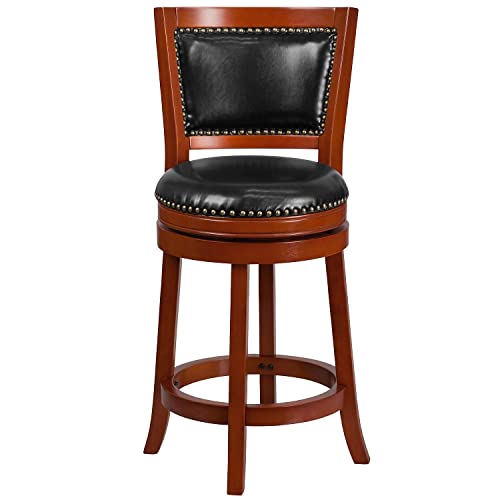 Flash Furniture Ebert 26'' High Light Cherry Wood Counter Height Stool with Open Panel Back and Black LeatherSoft Swivel Seat