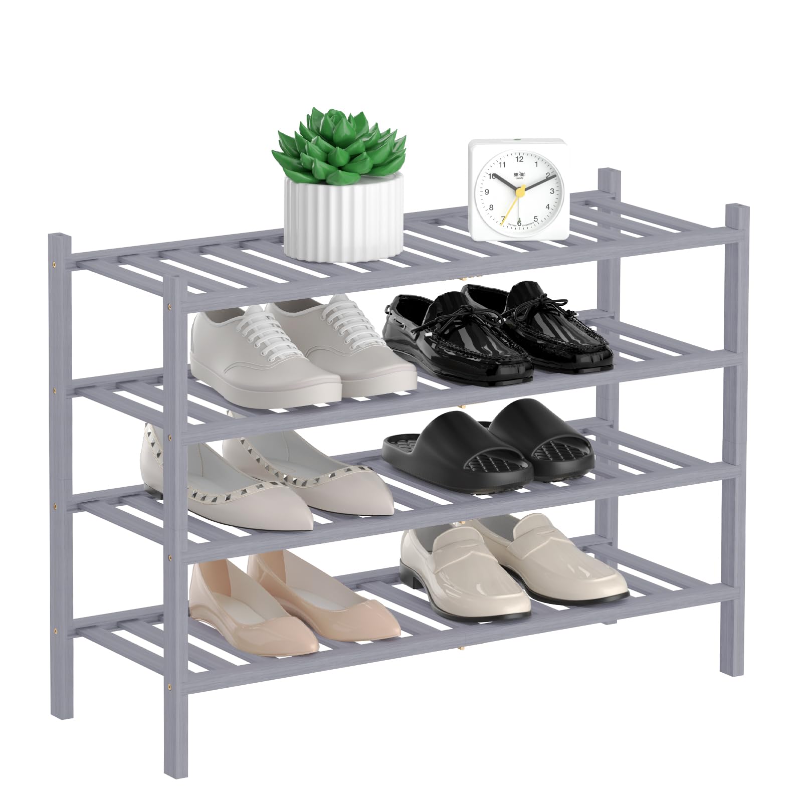 RONGJIA 4-Tier Natural Bamboo Shoe Rack - Stackable Storage Shelf with Multi-Function Combinations - Free Standing Shoe Racks for Convenient Shoe Organization(Gray) 11" D x 27" W x 28" H