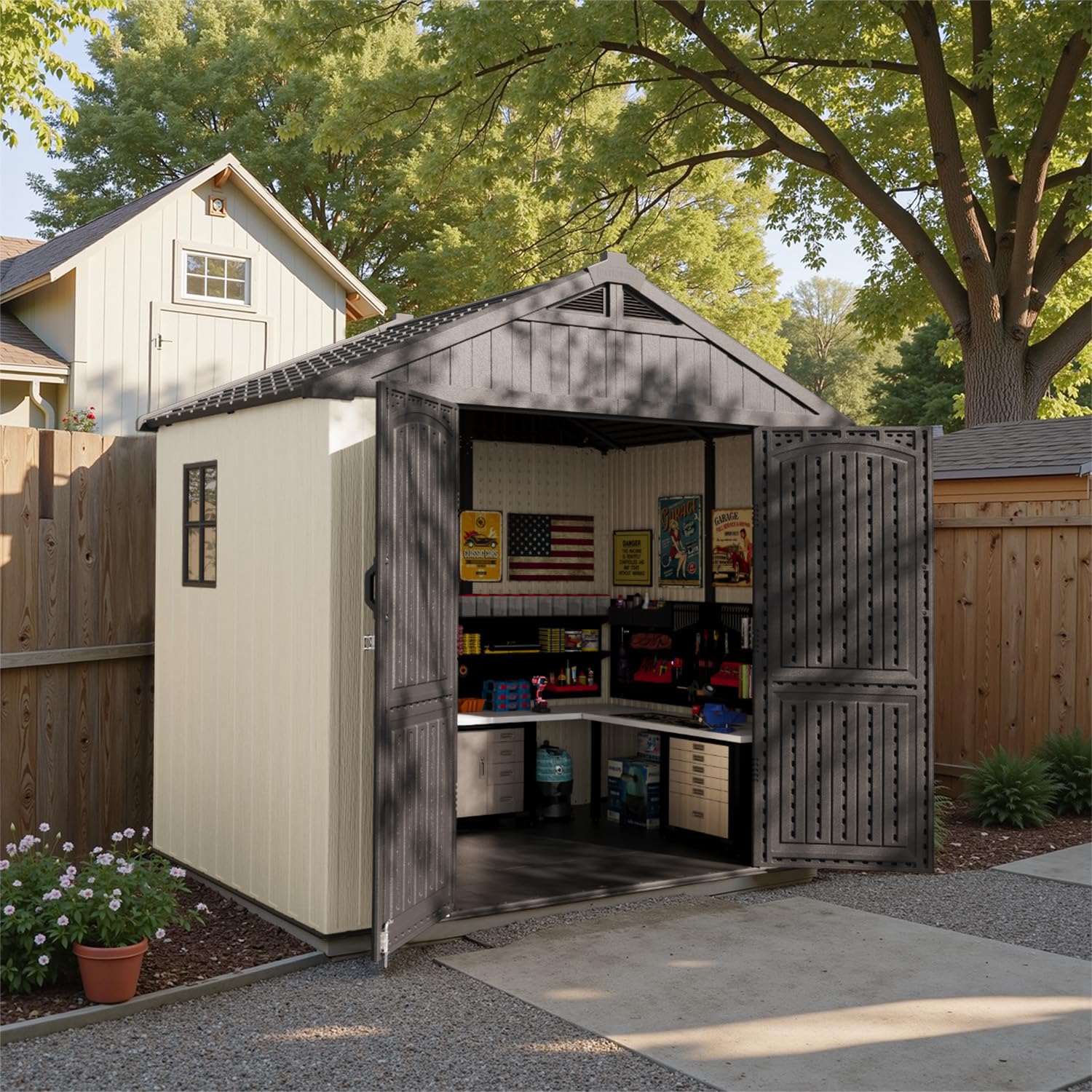 Patiolife 8.1x6.1 FT Resin Outdoor Storage Shed with Floor, Window and Lockable Door, Easy Installation in Gray and White