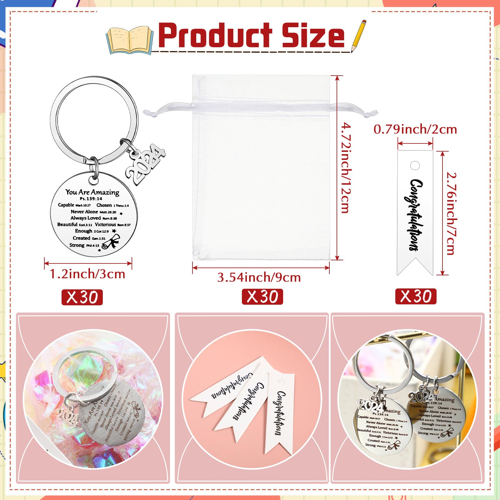 Kigeli 30 Pcs Class of 2024 Keychain Graduation Gift Keychain Bulk Inspirational Key Chain for Senior High School College (Bible)