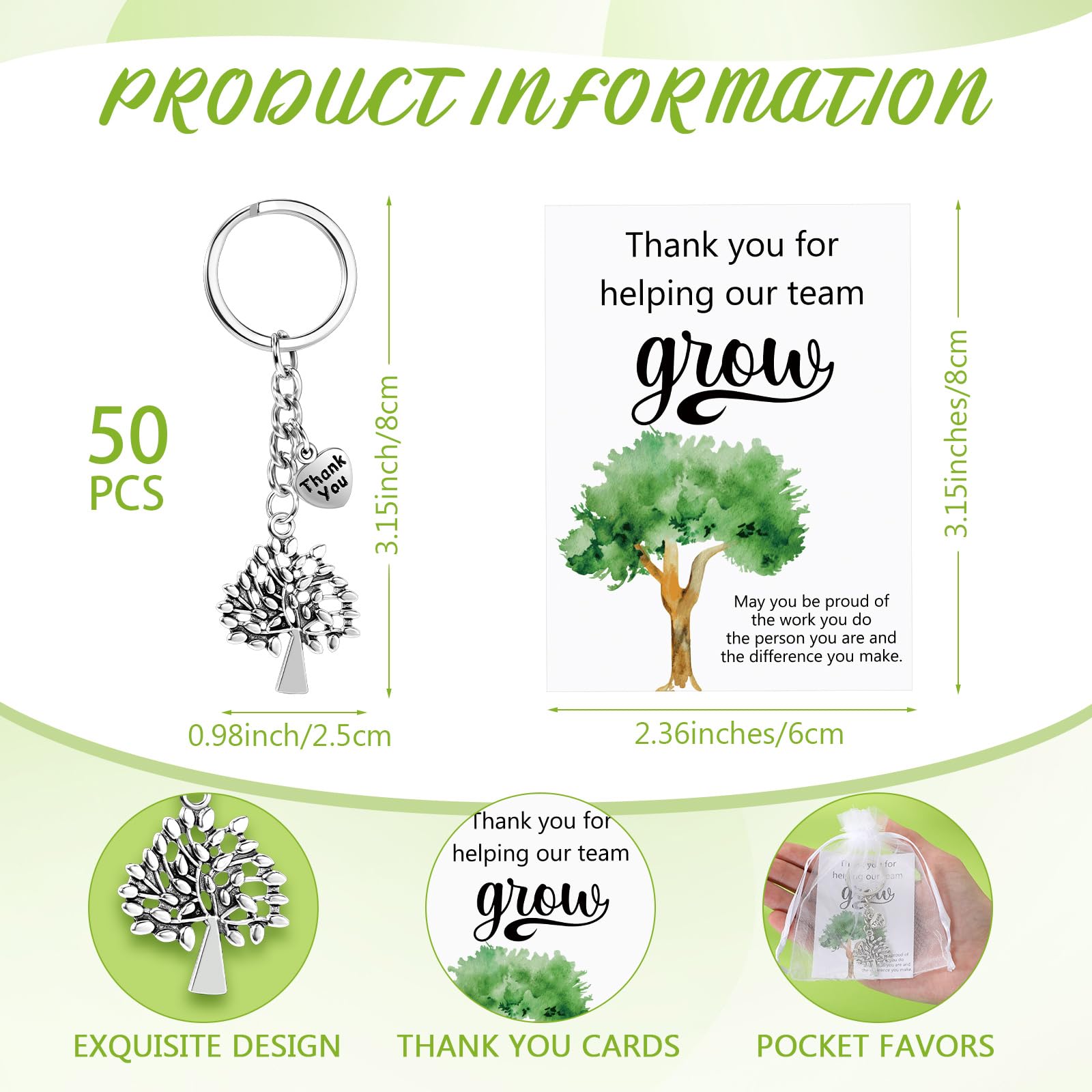 Landical 50 Sets Team Appreciation Gifts Tree Keychains Thank You Card Organza Bag Good Luck Keychain for Employee Coworker