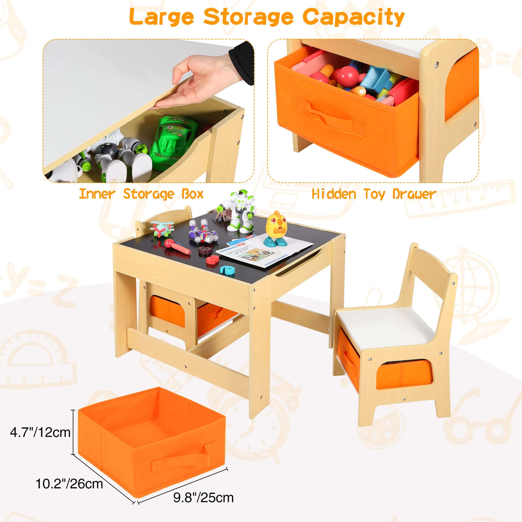 RedSwing Kids Table and Chair Set, 3 in 1 Wooden Childrens Craft Table with 2 Chairs Storage Drawers,Toddler Activity Art Table for Drawing,Reading,Playroom