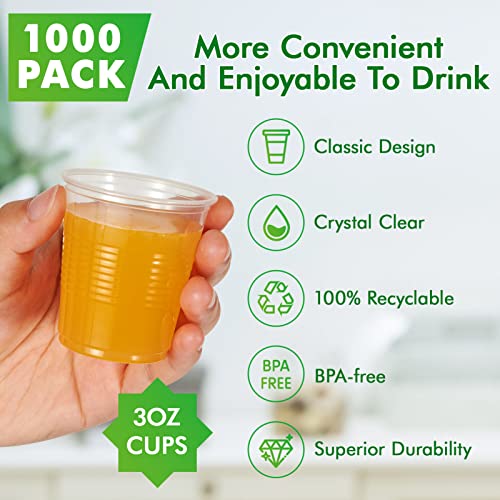 Turbo Bee 1000 Pack 3oz Disposable Plastic Cups,Disposable Mouthwash Cups,3 Ounce Small Clear Cups Ideal for Whiskey,Drinking Tasting, Food Sample