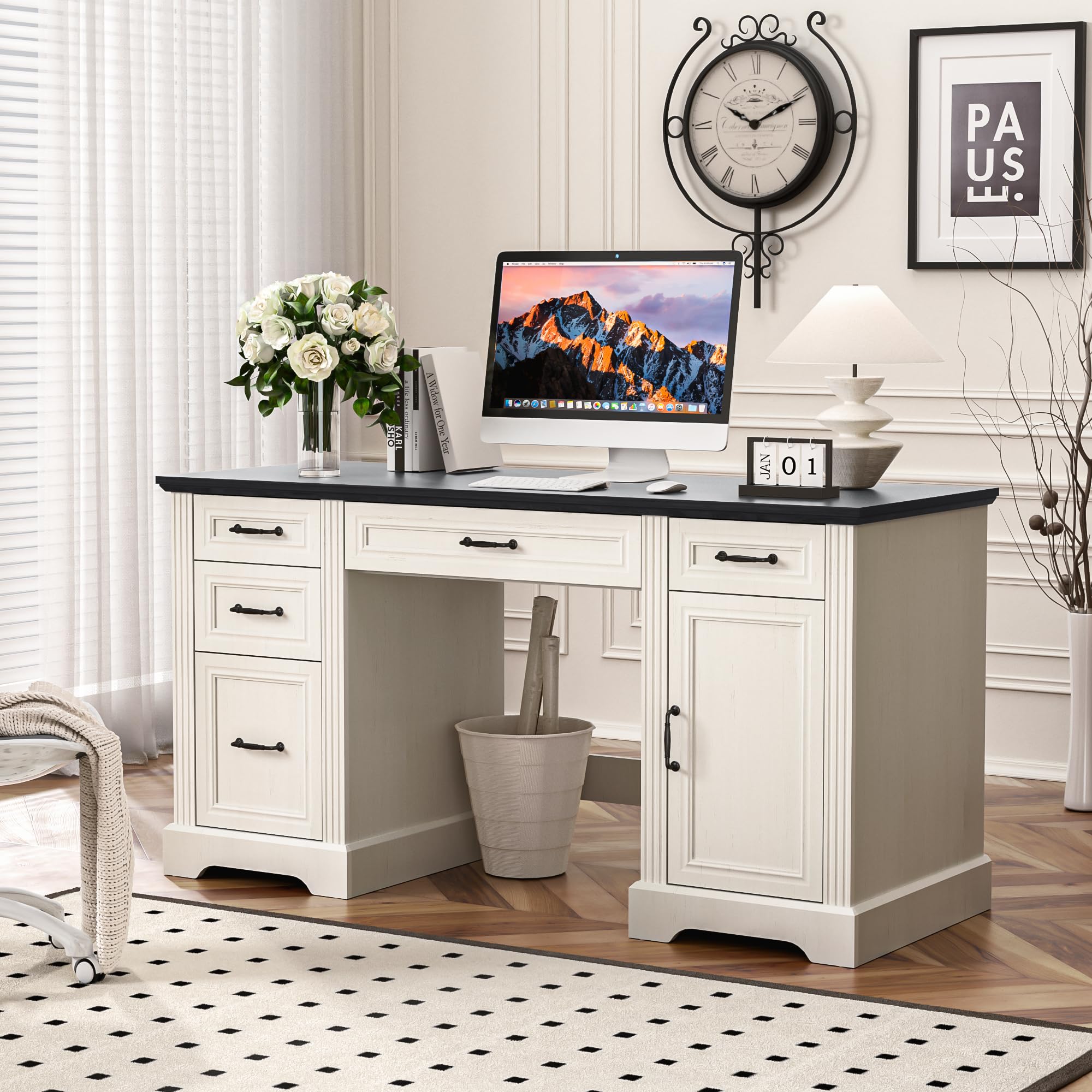 Spurgehom 58-Inch Executive Desk, Farmhouse Computer Desk with Drawers and Storage Cabinet, Wooden Home Office Desk Workstation, Study Writing Table, Black