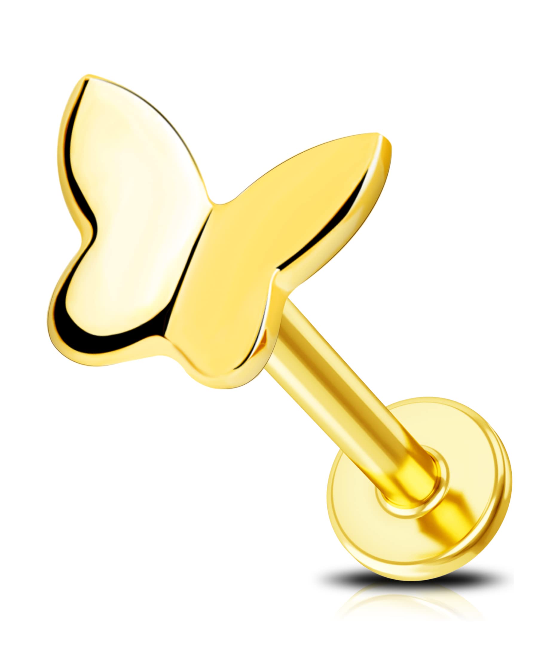 Jewseen 14K Solid Gold 16G Butterfly Top in Threadless Flat Back Studs Cartilage Earring Lip Labret Stud Helix Piercing Jewelry Nose Stud Tragus Earring Stud Earring for Women Men JTH010-T