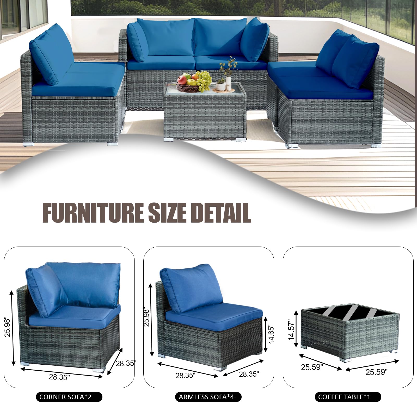 PatLoom 7-Piece Outdoor Furniture Set, Wicker Patio Sofa, Elegant Patio Conversation Set with Glass Top Coffee Table, Cushioned Sectional Sofa for Garden, Backyard, Poolside, Balcony (Brown&Grey)
