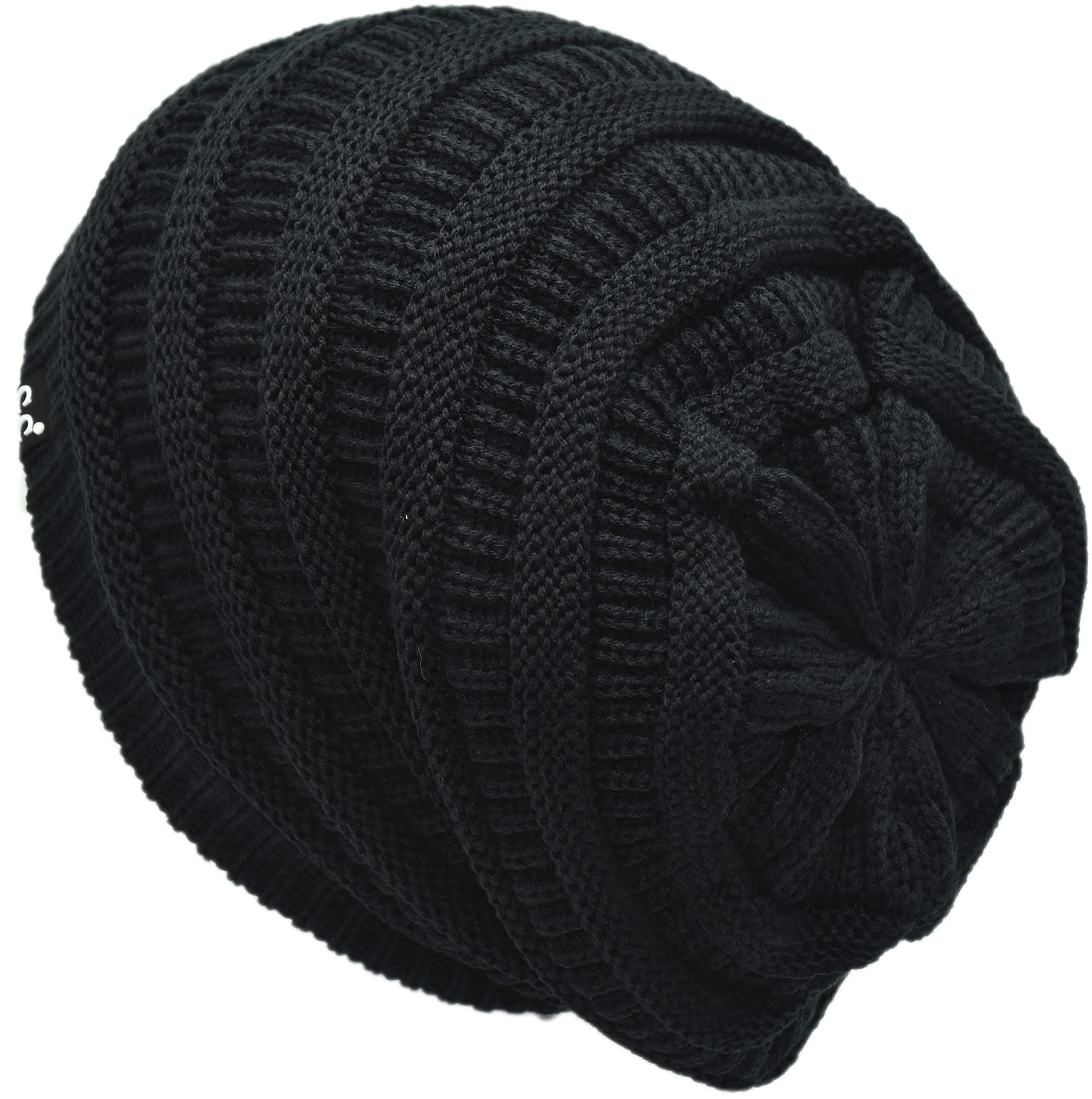 Heavy Fuzzy Lined Stretchy Cold Weather Toboggan Cap Stocking Slouchy Oversized Winter Knit Beanie for Men and Women Black