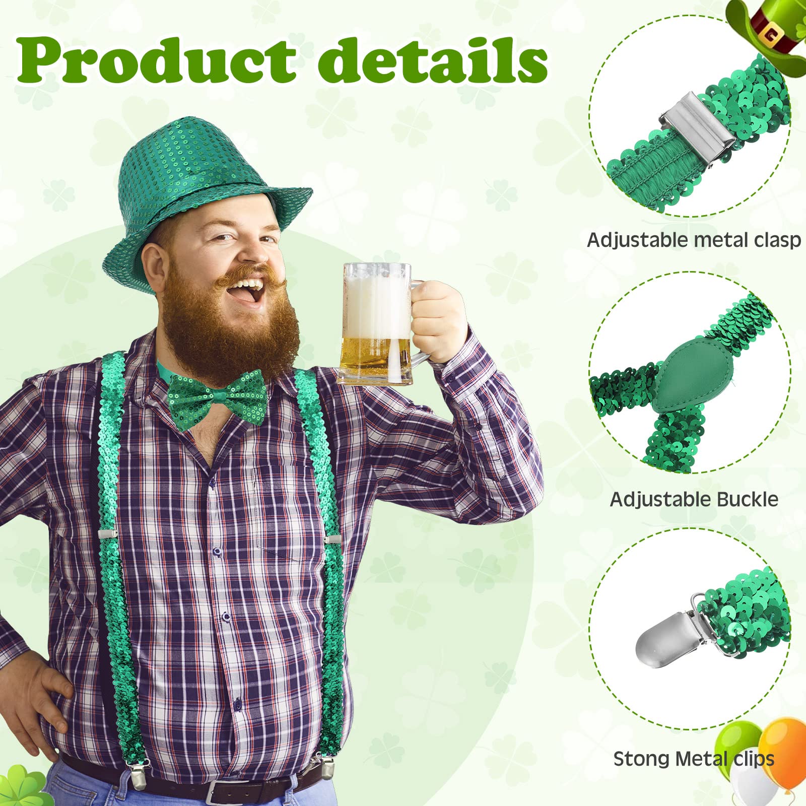 Jeyiour 3 Pcs St Patrick's Day Sequin Hat, Suspender and Bow Tie St Patrick's Day Costume Set Irish Party Fancy Cap Y Shape Adjustable Green Suspenders Bow Tie for Men Women