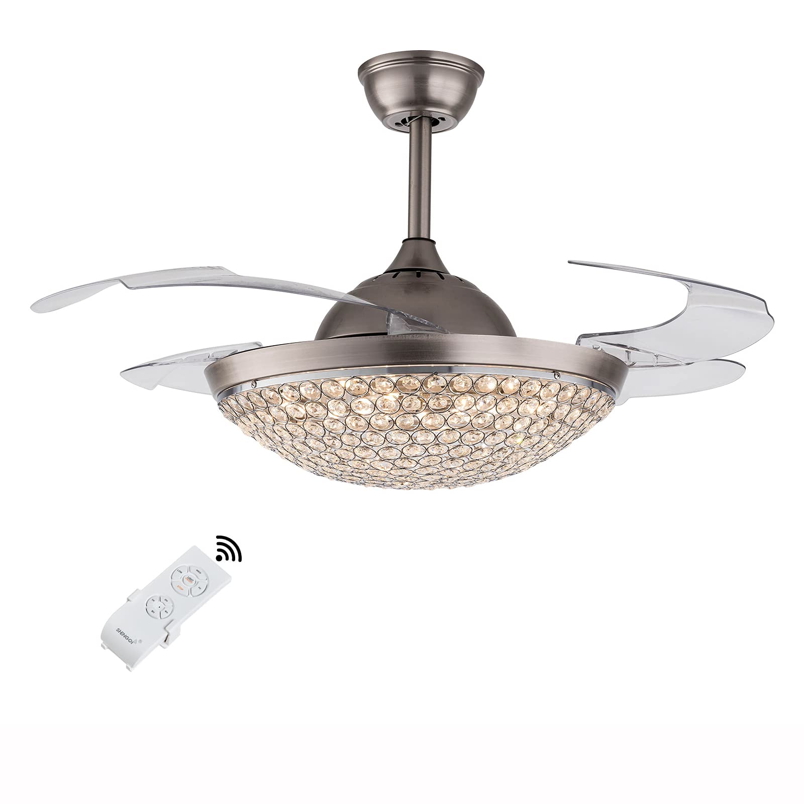 GDNTMU Ceiling Fan with Lights Remote Control 42 inch, Modern Ceiling Fan Chandelier Invisible 4 Retractable Blade with 3 Light Color Changes and 3 Speeds for Dining/Living Room Bedroom