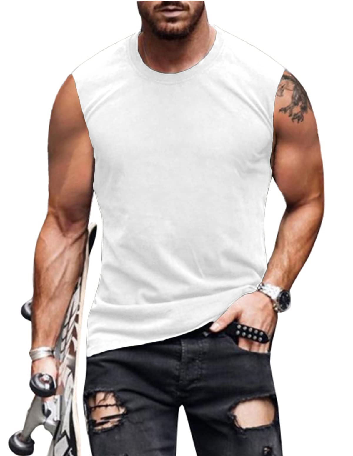 Heralady Mens Tank Tops Sleeveless Casual Crewneck Workout Gym Muscle Athletic Shirt White XXLarge