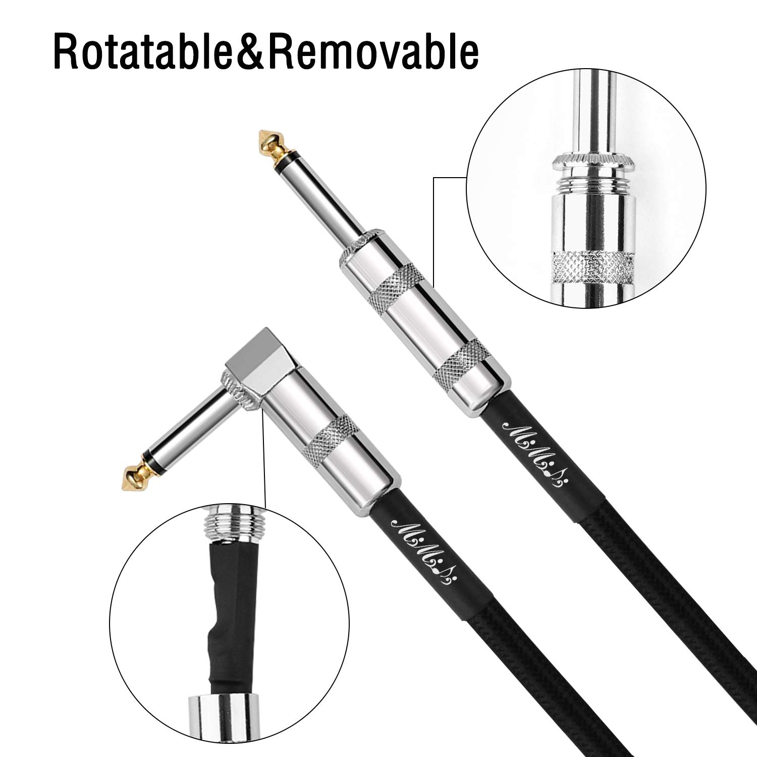Guitar Instrument Cable 1/4 inch Color Tweed Jacket Instrument Cable 10 ft for Electric Guitar, Bass Guitar, Electric Mandolin- Single (Black+Right Angle)