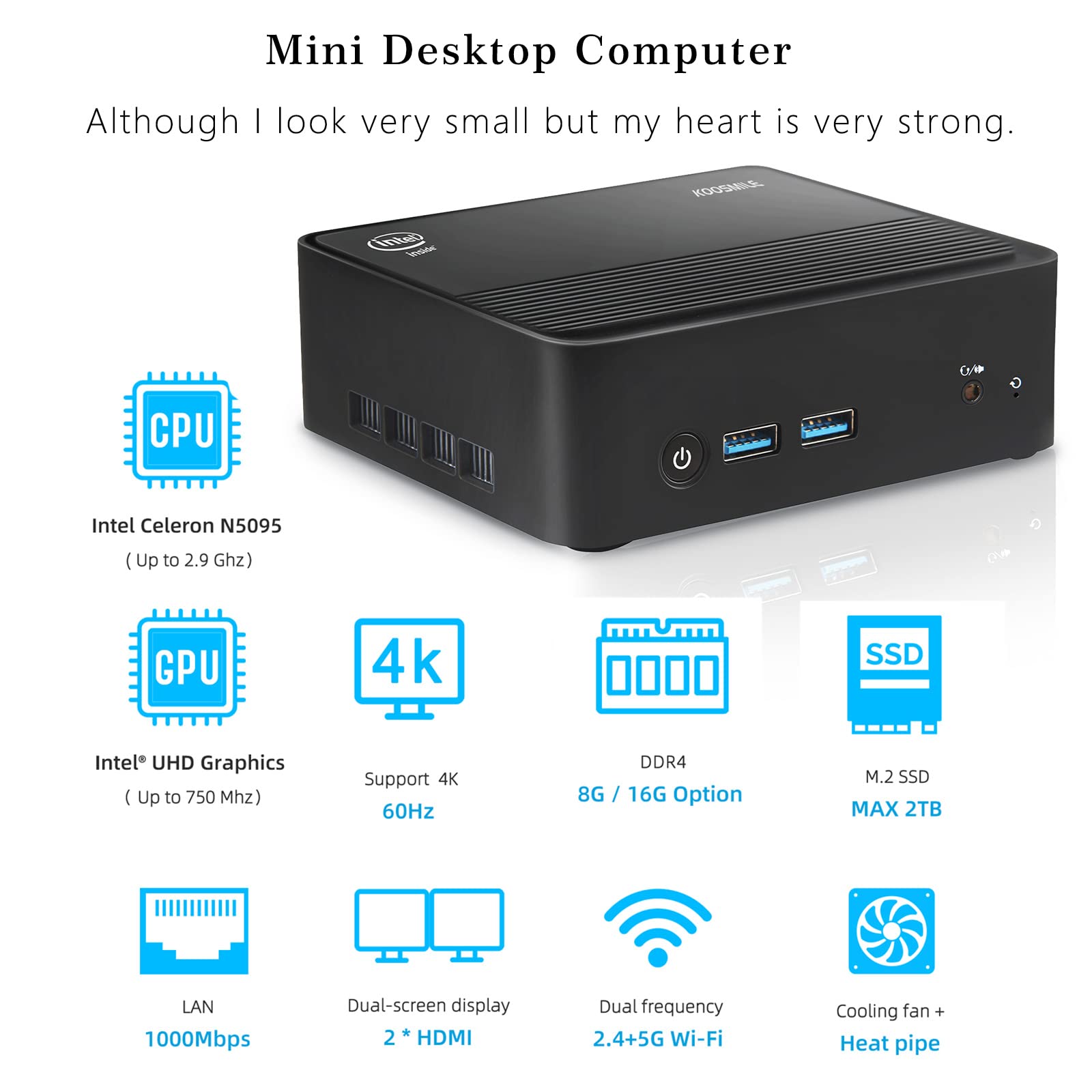 KOOSMILE Mini Pc OS 11 Pro Intel N5095 (Up to 2.9 GHz),Mini Desktop Computer,8GB DDR4 RAM, 256GB M.2 SATA SSD (Up to 2TB) Small PC Support 4K UHD/Dual HDMI/ USB3.0/ BT4.0/2.4G+5G WiFi…