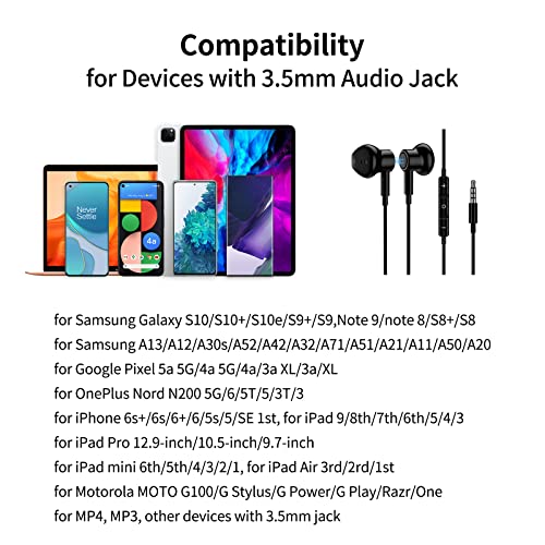 TITACUTE 3.5mm Earbuds Noise Canceling Headphones with Microphone Magnetic in-Ear Wired 3.5mm Jack Earphone for Moto G Power Pure Google Pixel 4a 3a 5a Samsung S10 S10e S9 A03s A52 A14 A12 A13 Black