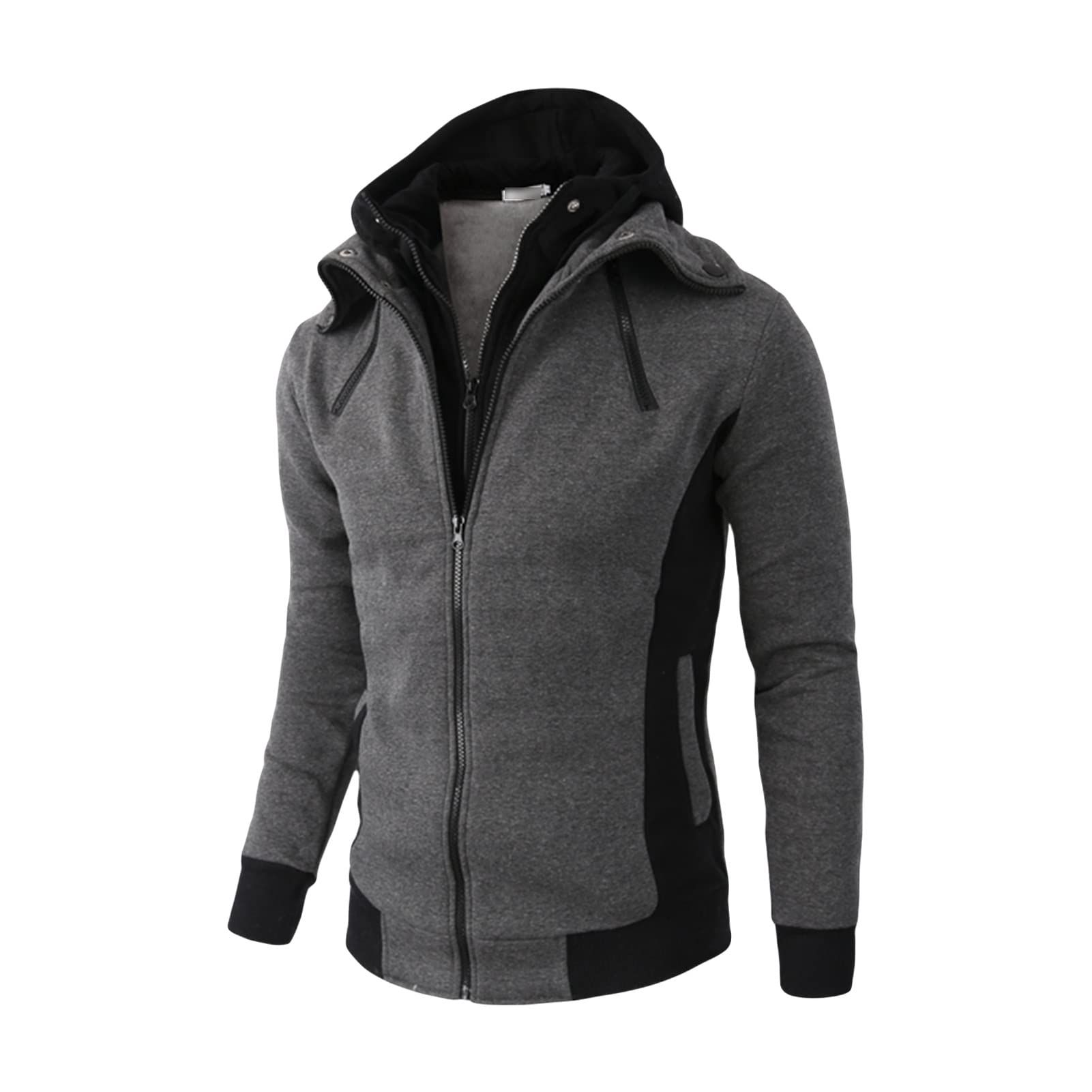 Maiyifu-GJ Men's Double Zipper Turtleneck Fleece Hoodie Lightweight Zip Up Hooded Jacket Long Sleeve Sweatshirt With Pocket (Dark Grey,X-Large)