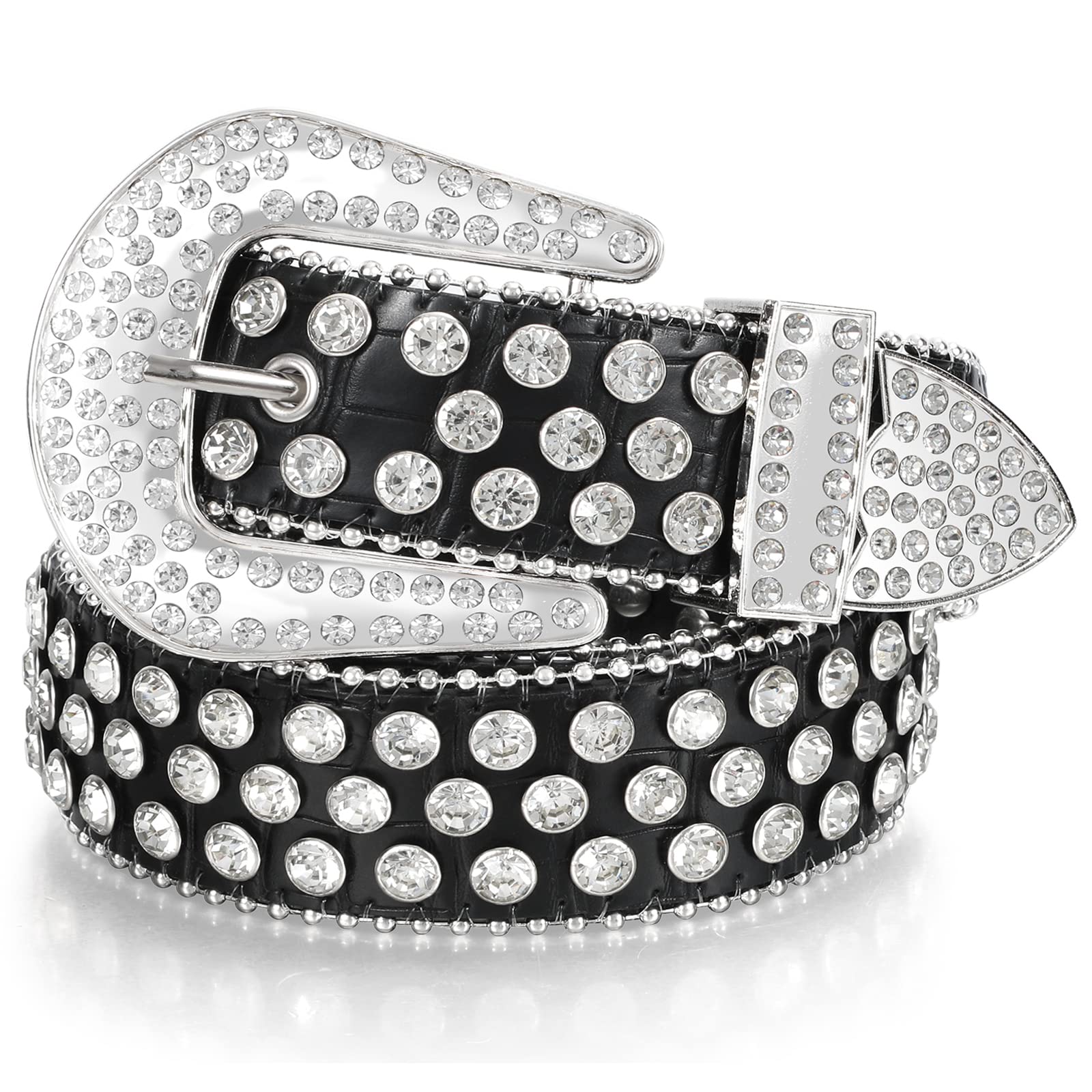 LEACOOLKEY Men Women Rhinestone Leather Belt for Jeans Dress Western Cowboy Shiny Diamond Studded Design Belt Plus Size